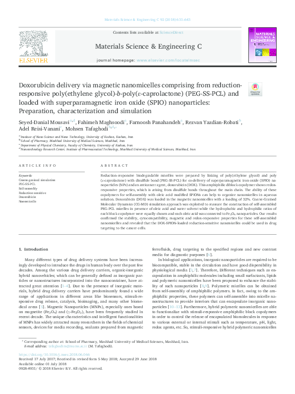 (PDF) Doxorubicin delivery via magnetic nanomicelles comprising from reduction- responsive poly ...