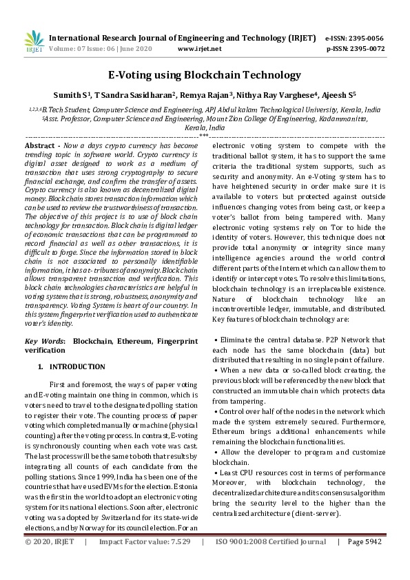 (PDF) IRJET- E-Voting using Blockchain Technology