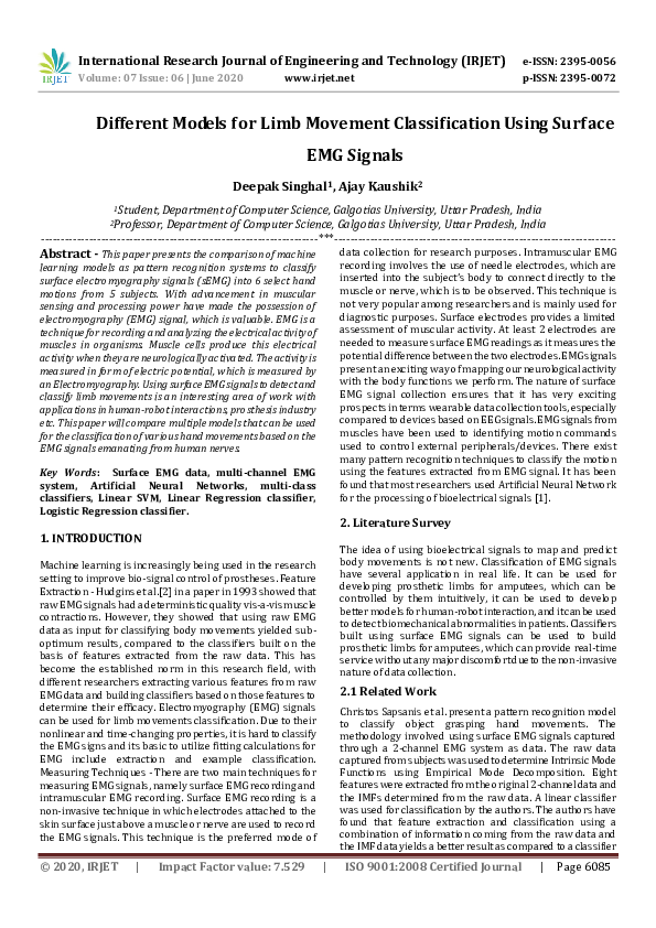 (PDF) IRJET- Different Models for Limb Movement Classification Using Surface EMG Signals