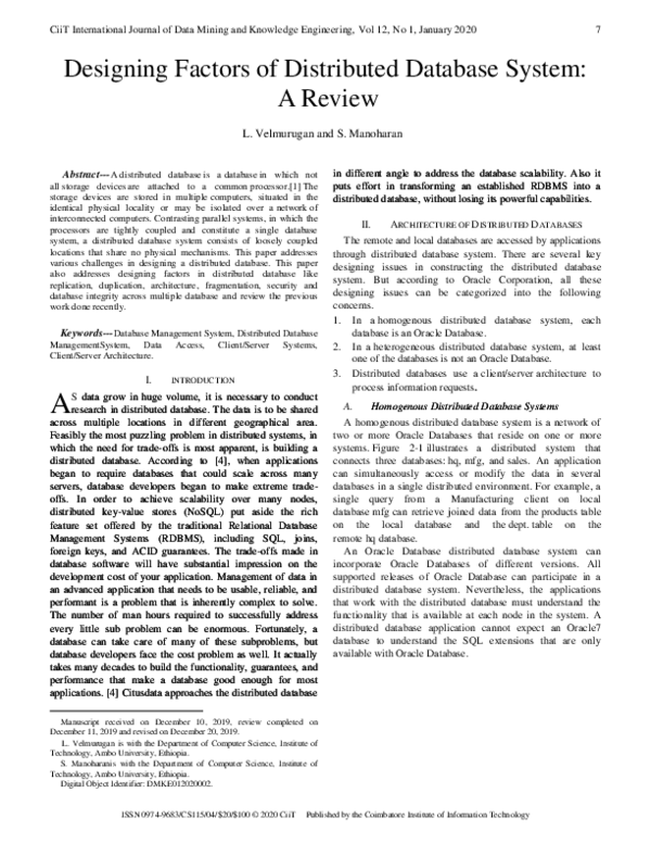 Pdf Designing Factors Of Distributed Database System A Review