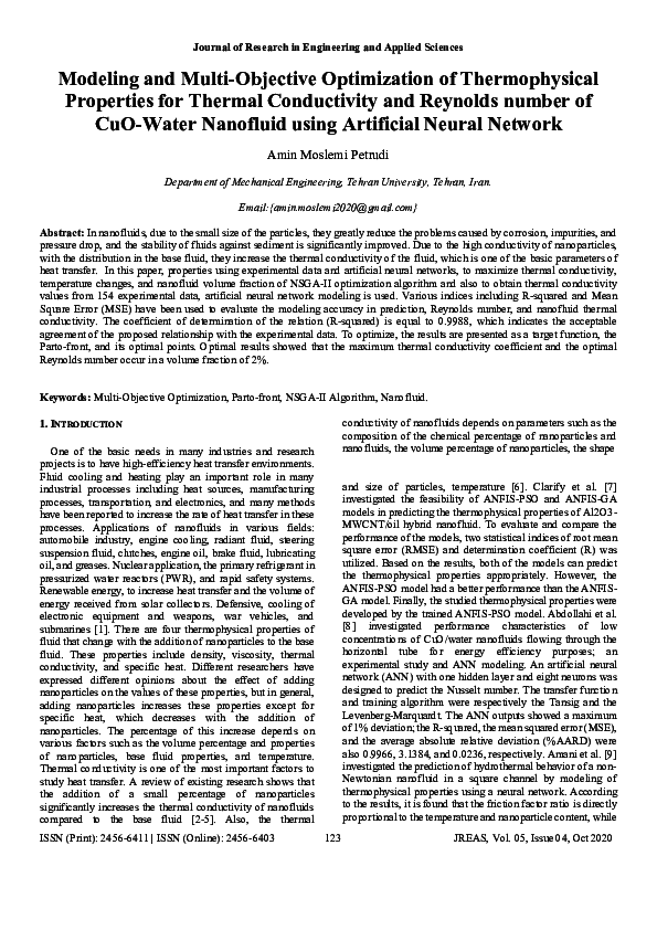 Pdf Modeling And Multi Objective Optimization Of Thermophysical