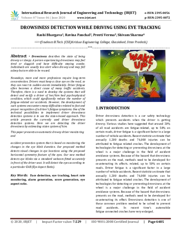Pdf Irjet Drowsiness Detection While Driving Using Eye Tracking