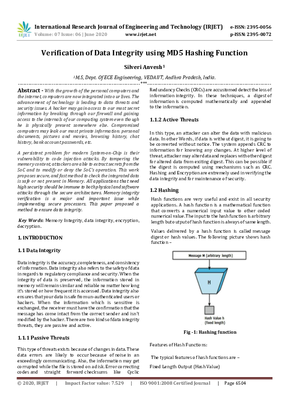 (PDF) IRJET-Verification of Data Integrity Using MD5 hashing Function