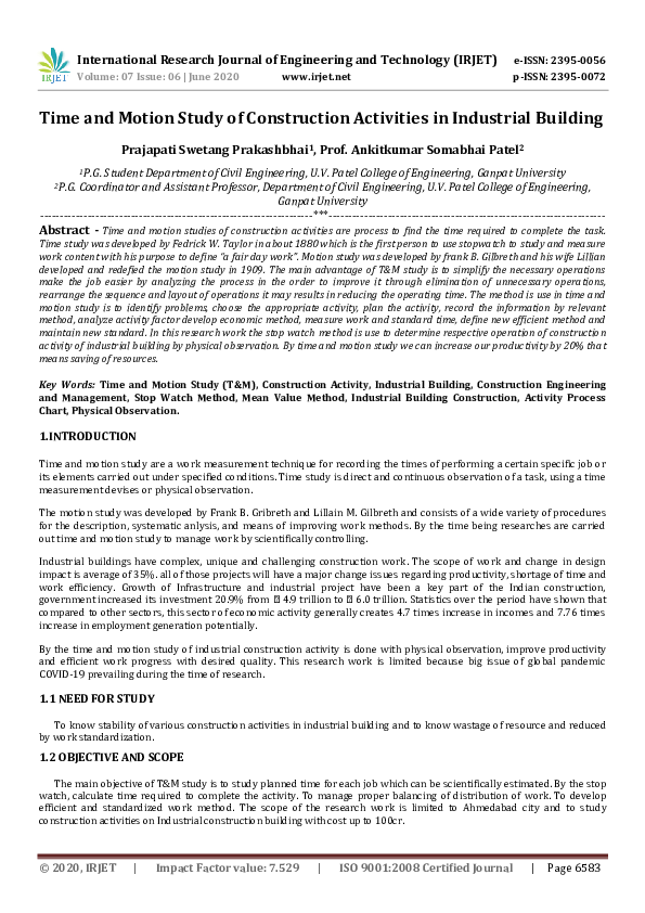 (PDF) IRJET- Time and Motion Study of Construction Activities in ...