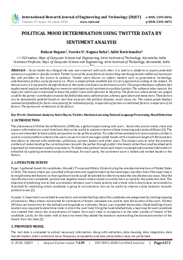 (PDF) IRJET- POLITICAL MOOD DETERMINATION USING TWITTER DATA BY SENTIMENT ANALYSIS