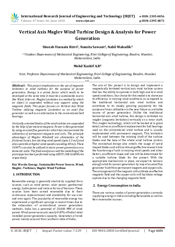 (PDF) IRJET- Vertical Axis Maglev Wind Turbine Design & Analysis for Power Generation