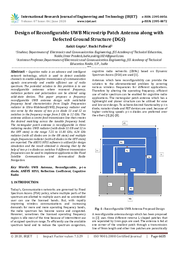 Pdf Irjet Design Of Reconfigurable Uwb Microstrip Patch Antenna