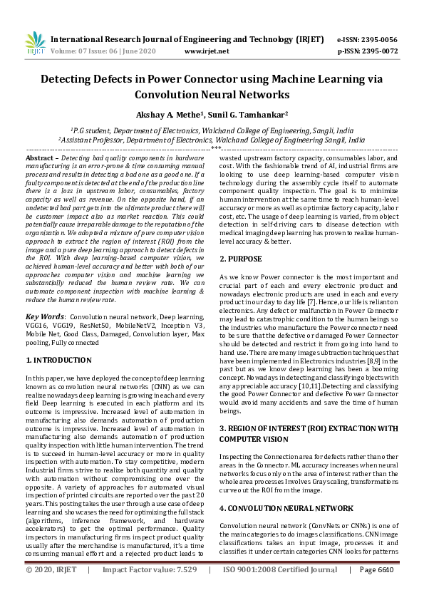 (PDF) IRJET- Detecting Defects in Power Connector using Machine Learning via Convolution Neural ...