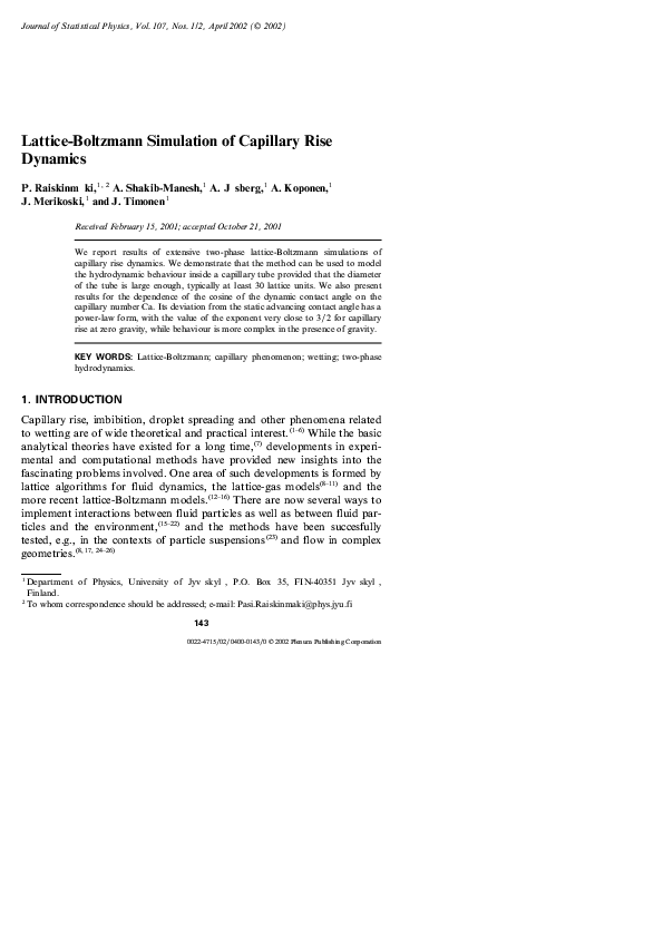 (PDF) Lattice-Boltzmann simulation of capillary rise dynamics