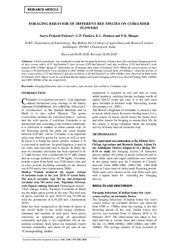 (PDF) FORAGING BEHAVIOR OF DIFFERENT BEE SPECIES ON CORIANDER FLOWERS