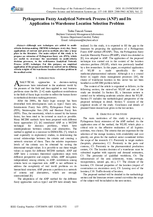 (PDF) Pythagorean Fuzzy Analytical Network Process (ANP) and Its Application to Warehouse ...
