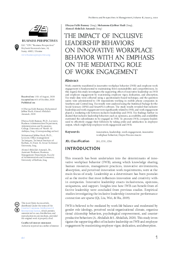 (PDF) The impact of inclusive leadership behaviors on innovative workplace behavior with an ...