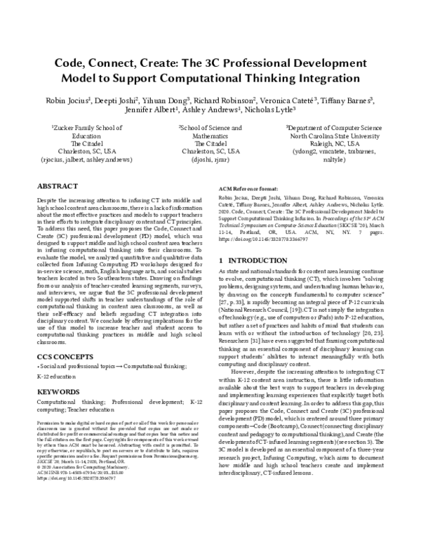 (PDF) Code, Connect, Create: The 3C Professional Development Model to Support Computational ...