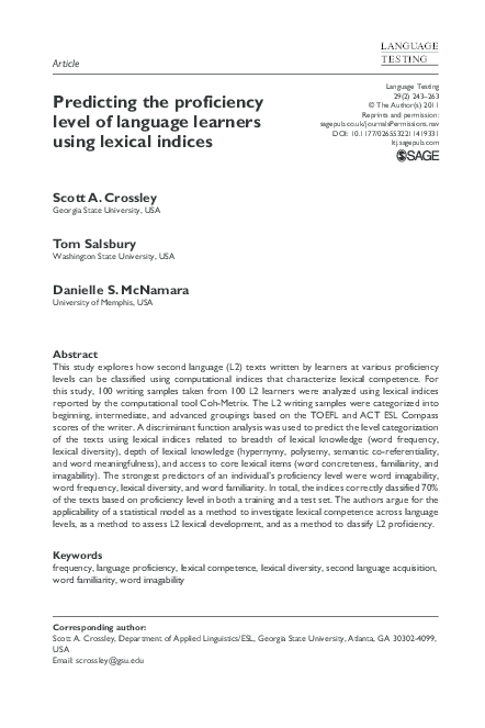 Pdf Predicting The Proficiency Level Of Language Learners Using