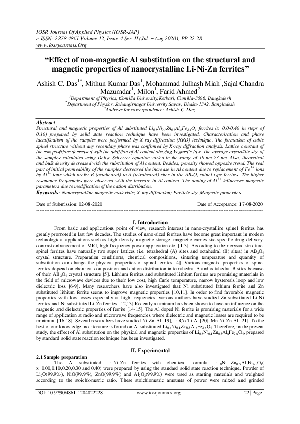 (PDF) "Effect of non-magnetic Al substitution on the structural and magnetic properties of ...