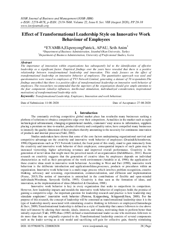 (PDF) Effect of Transformational Leadership Style on Innovative Work Behaviour of Employees