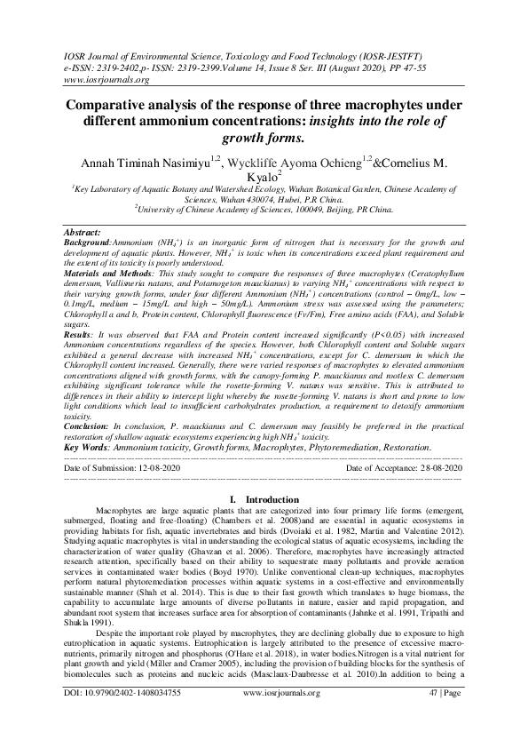 Pdf Comparative Analysis Of The Response Of Three Macrophytes Under