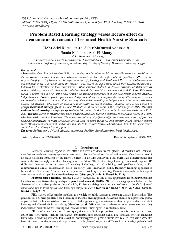 (PDF) Problem Based Learning strategy verses lecture effect on academic achievement of Technical ...