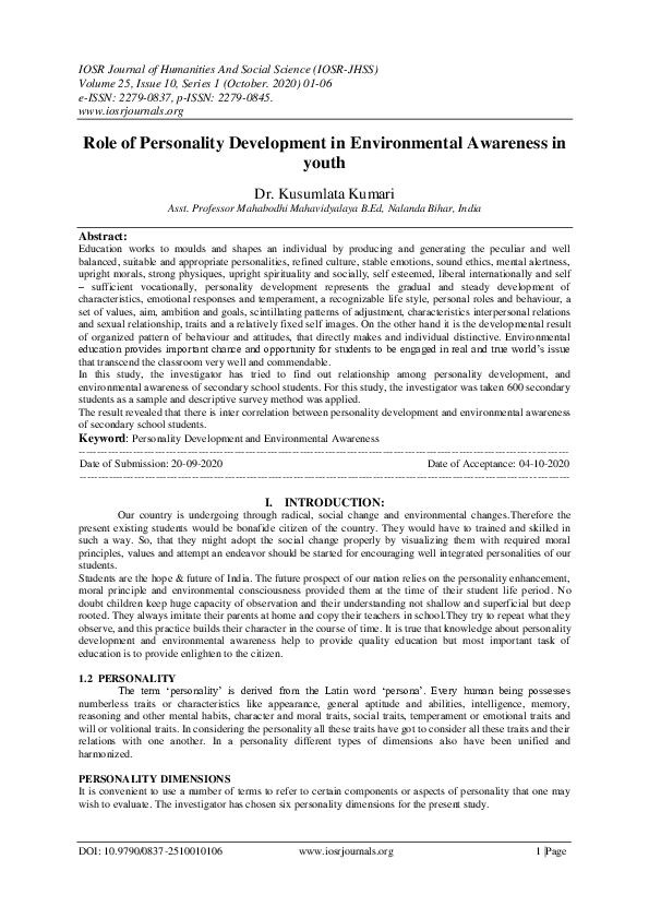 (PDF) Role of Personality Development in Environmental Awareness in youth