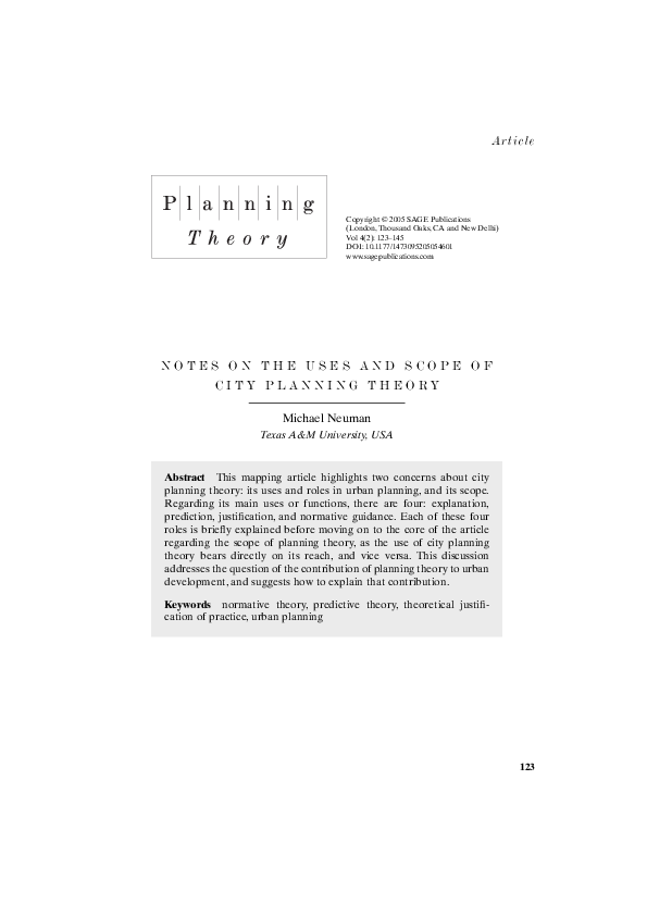 (PDF) Notes on the Uses and Scope of City Planning Theory