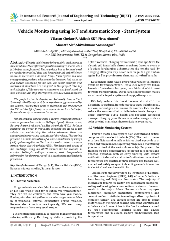 Pdf Irjet Vehicle Monitoring Using Iot And Automatic Stop Start System