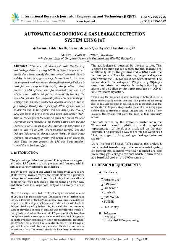 (PDF) IRJET- AUTOMATIC GAS BOOKING & GAS LEAKAGE DETECTION SYSTEM USING IoT