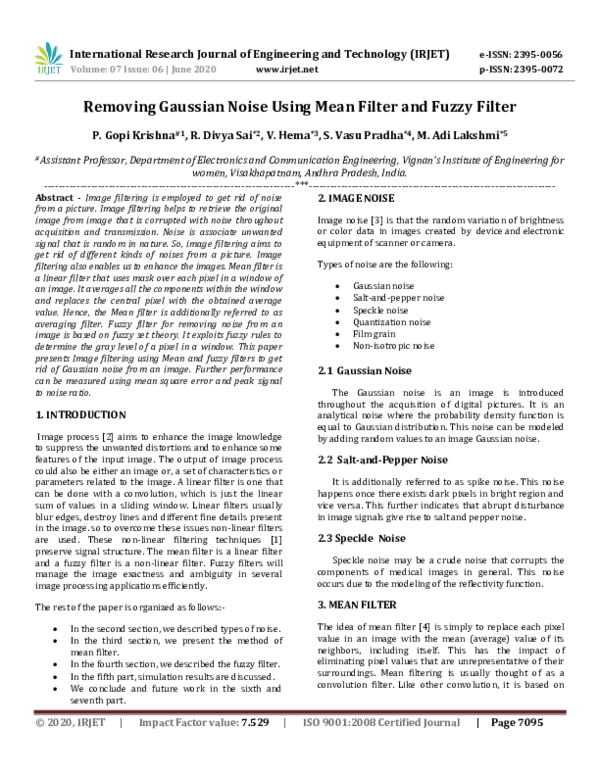 Pdf Irjet Removing Gaussian Noise Using Mean Filter And Fuzzy Filter