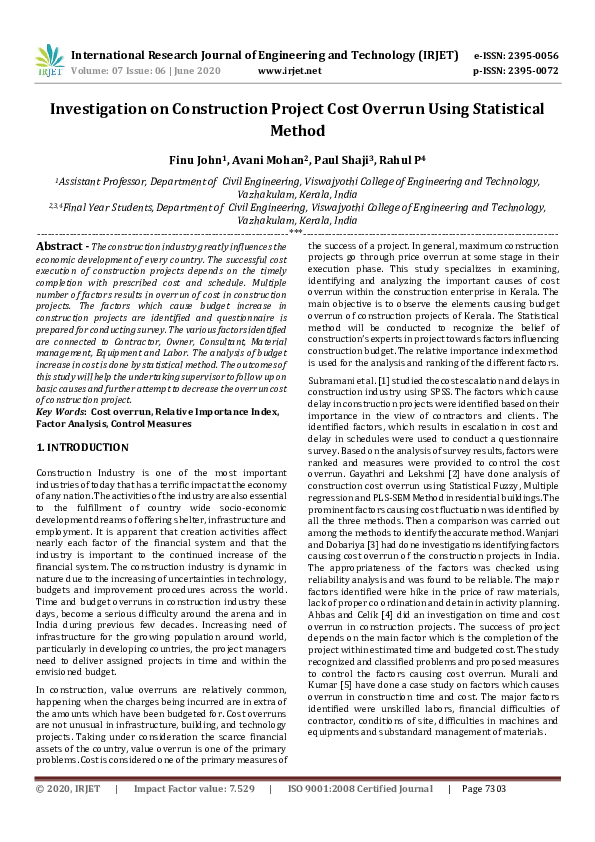 Pdf Investigation On Construction Project Cost Overrun Using Statistical Method
