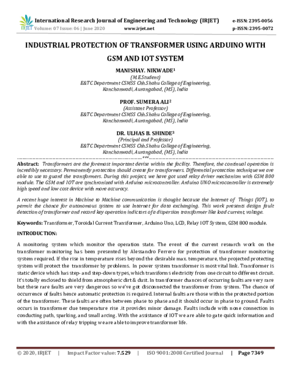 Pdf Irjet Industrial Protection Of Transformer Using Arduino With Gsm And Iot System