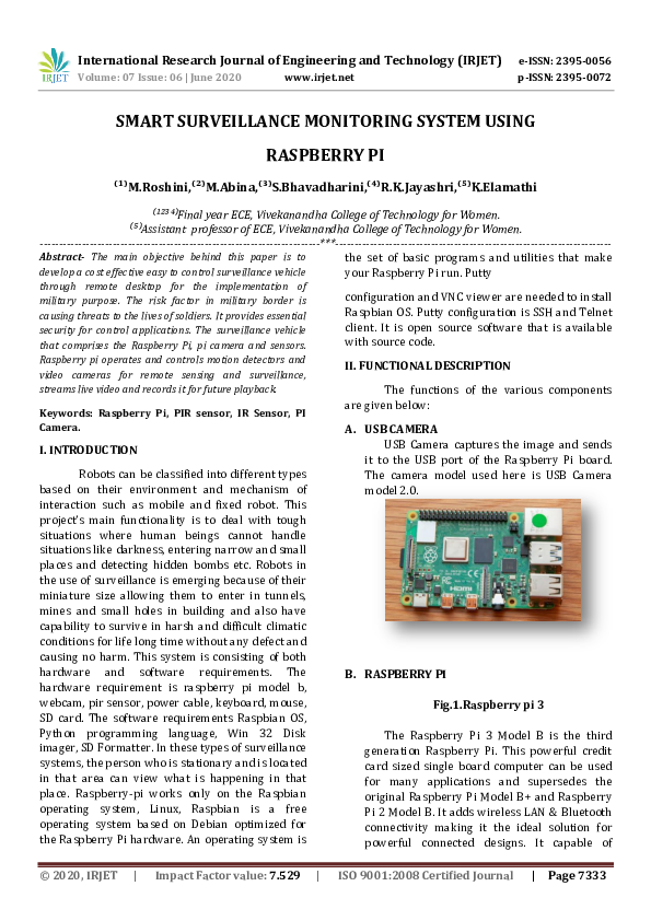 (PDF) IRJET- SMART SURVEILLANCE MONITORING SYSTEM USING RASPBERRY PI | IRJET Journal - Academia.edu