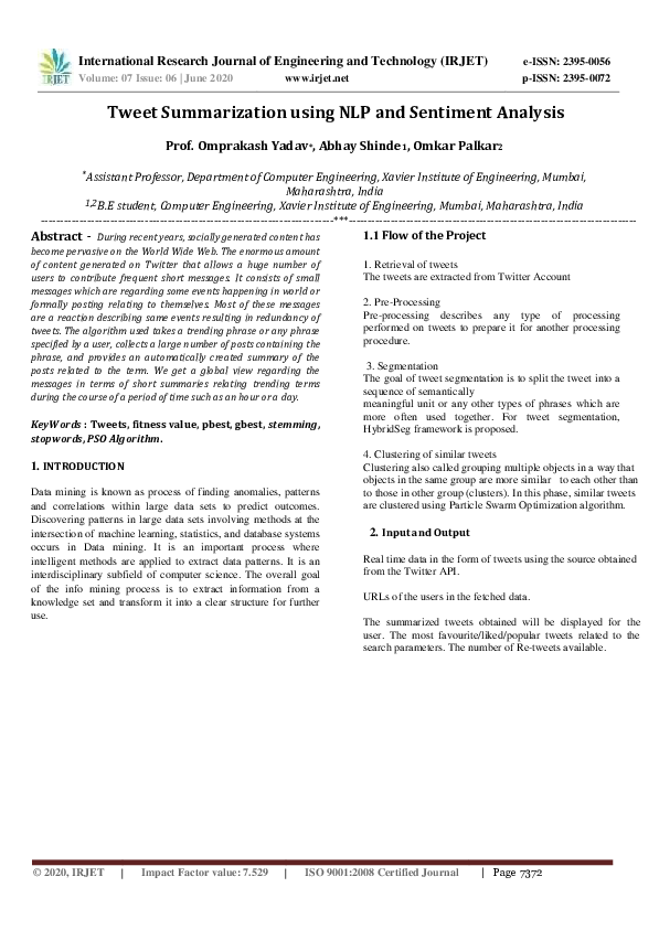 Pdf Irjet Tweet Summarization Using Nlp And Sentiment Analysis