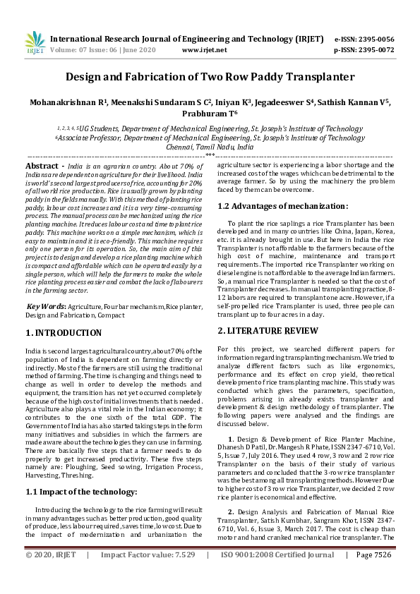 (PDF) IRJET-Design and Fabrication of Two Row Paddy Transplanter