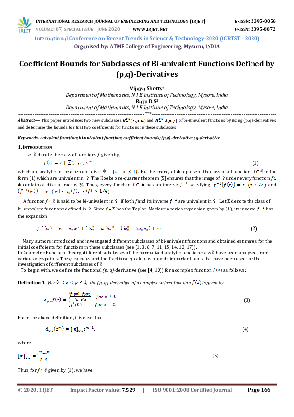 (PDF) IRJET-Coefficient Bounds for Subclasses of Bi-Univalent Functions Defined by (P,Q)-Derivatives