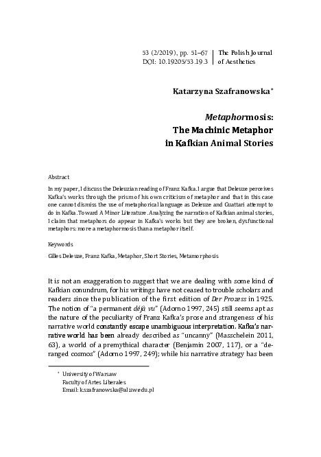 (PDF) Metaphormosis: The Machinic Metaphor in Kafkian Animal Stories
