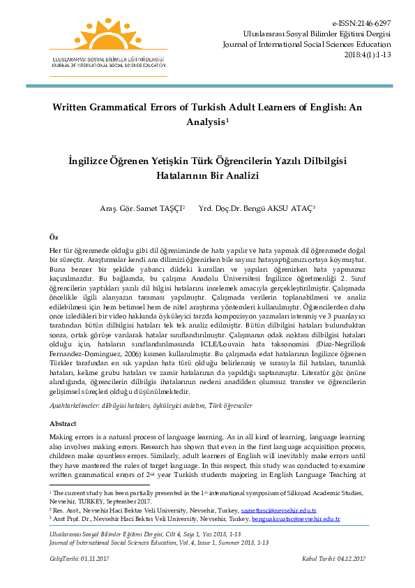 (PDF) Written Grammatical Errors of Turkish Adult Learners of English: An Analysis