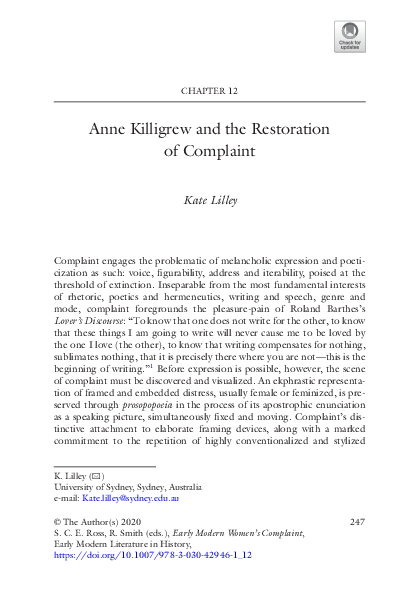 (PDF) Anne Killigrew and the Restoration of Complaint