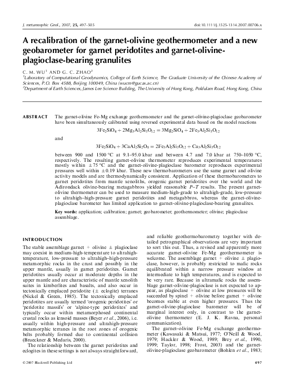 (PDF) A recalibration of the garnet-olivine geothermometer and a new ...