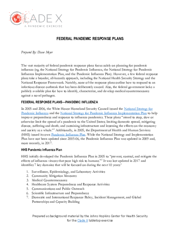 (PDF) FEDERAL PANDEMIC RESPONSE PLANS Prepared as background material ...