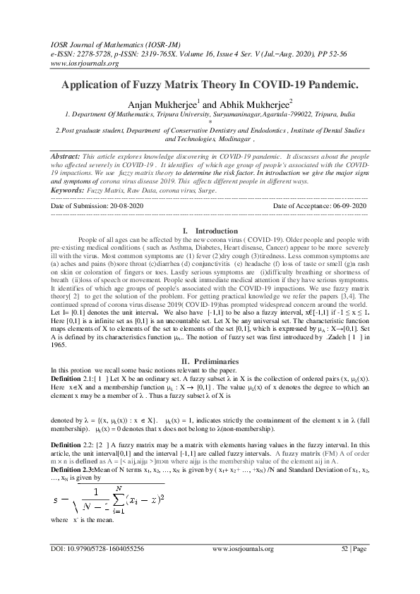 (PDF) Application of Fuzzy Matrix Theory In COVID-19 Pandemic
