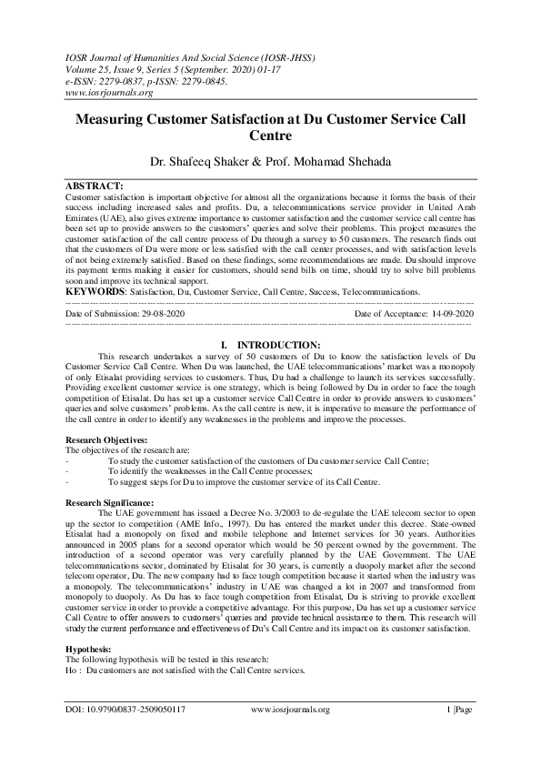 (PDF) Measuring Customer Satisfaction at Du Customer Service Call Centre