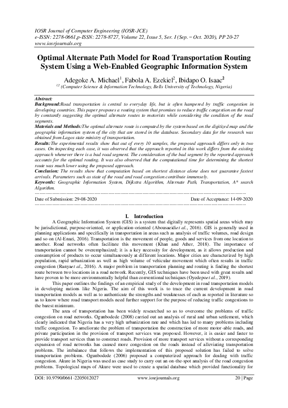 Pdf Optimal Alternate Path Model For Road Transportation Routing System Using A Web Enabled