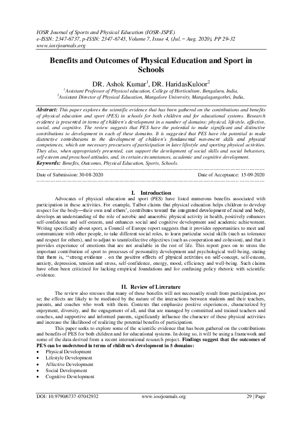 (PDF) Benefits and Outcomes of Physical Education and Sport in Schools