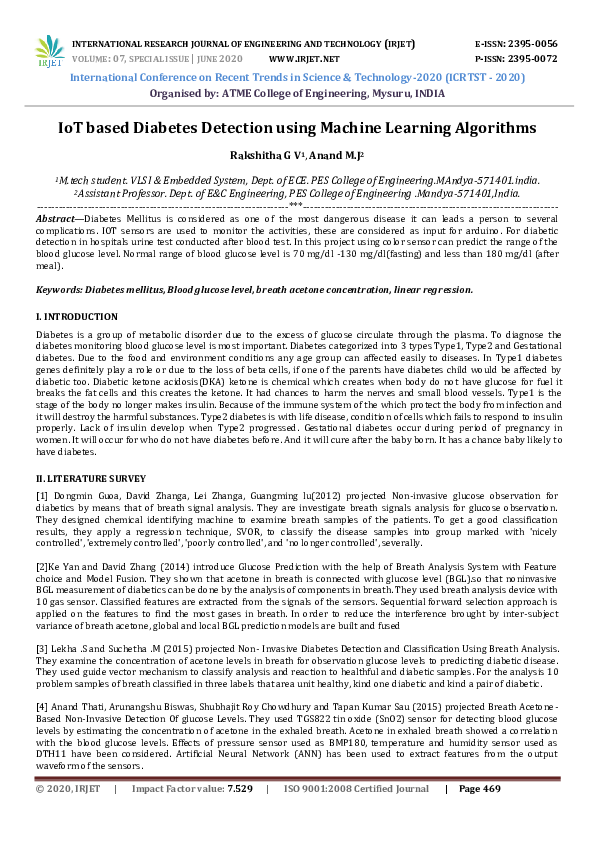 Pdf Irjet Iot Based Diabetes Detection Using Machine Learning Algorithms