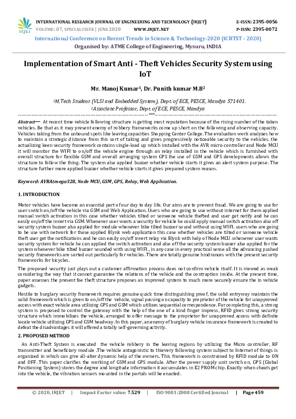 Pdf Irjet Implementation Of Smart Anti Theft Vehicles Security System Using Iot 