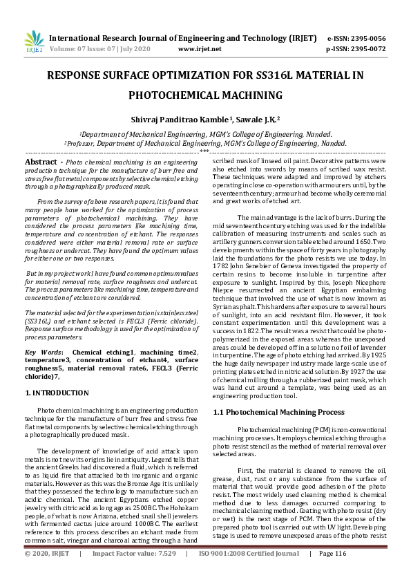 Pdf Irjet Response Surface Optimization For Ss316l Material In