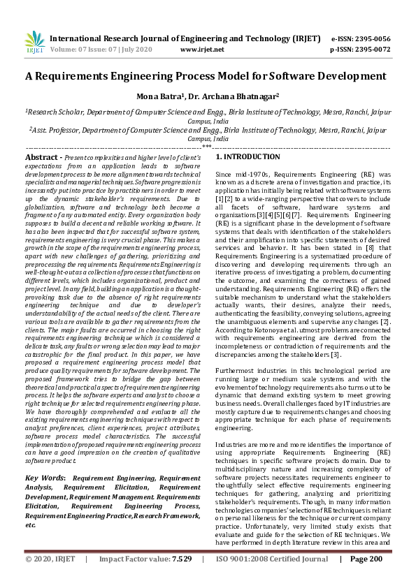 (PDF) IRJET- A Requirements Engineering Process Model for Software ...