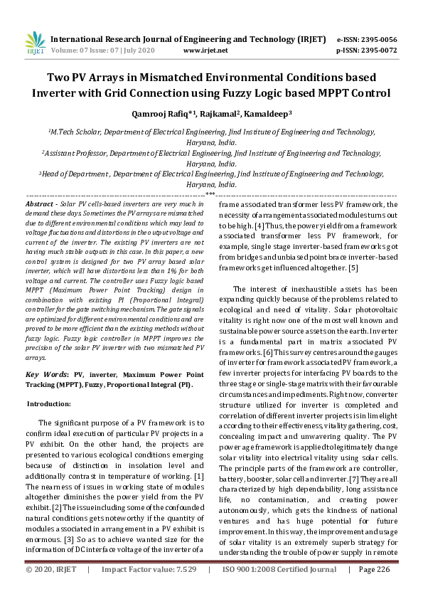 (PDF) IRJET- Two PV Arrays in Mismatched Environmental Conditions based Inverter with Grid ...