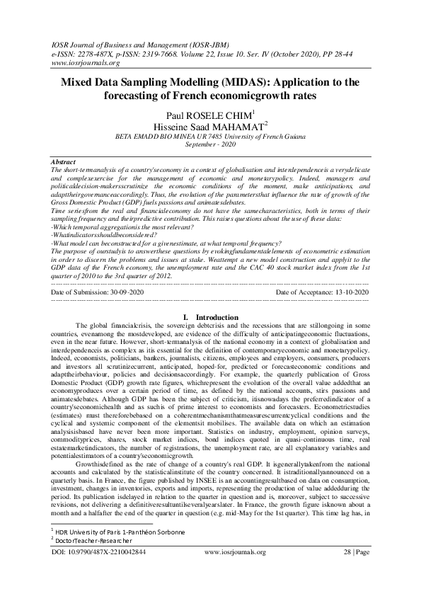 (PDF) Mixed Data Sampling Modelling (MIDAS): Application to the forecasting of French ...