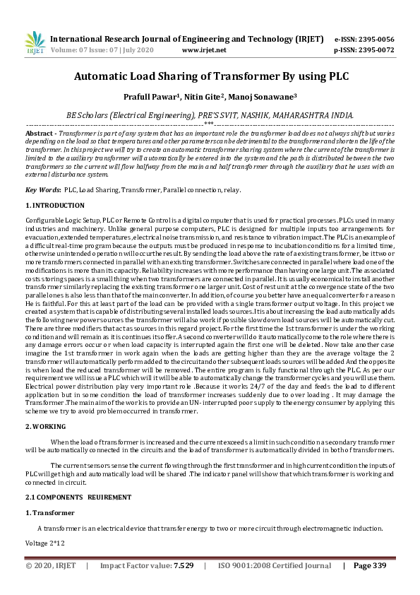 (PDF) Automatic Load Sharing of Transformer By using PLC
