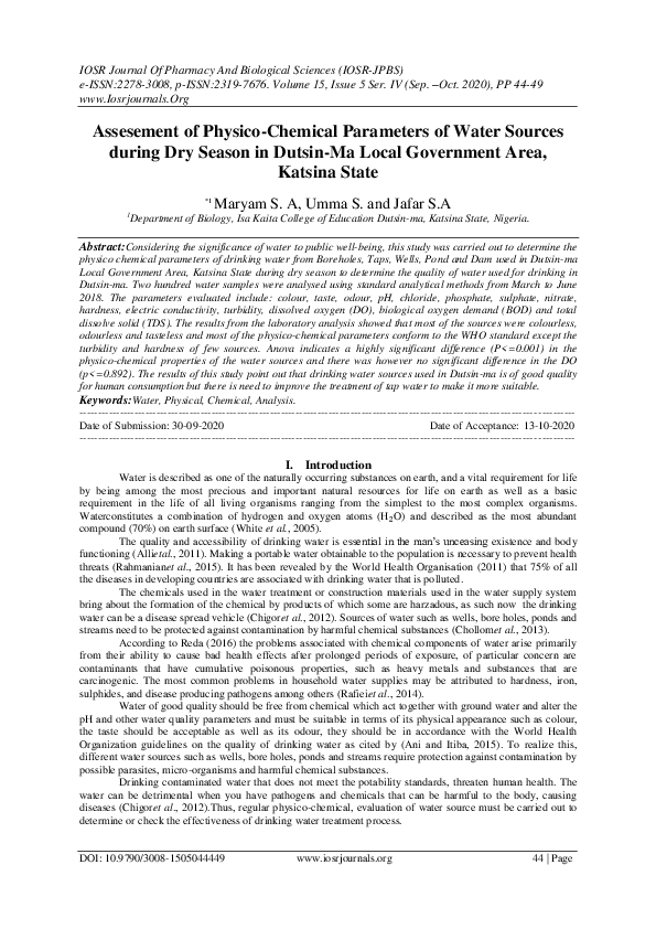 (PDF) Assesement of Physico-Chemical Parameters of Water Sources during ...